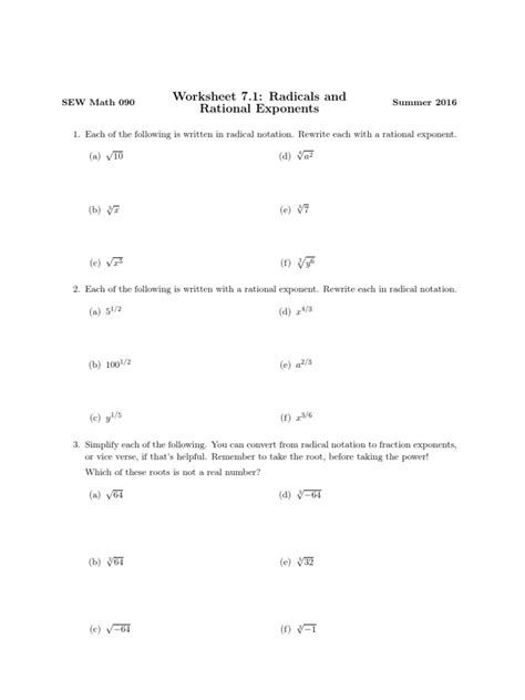 Worksheet 7 1 Radicals And Rational Exponents PDF Square Root Worksheets Library