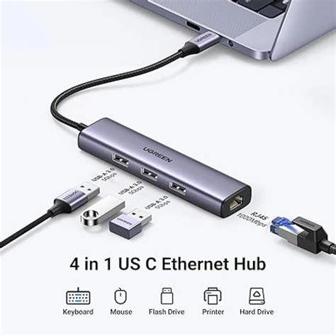 محول Usb C إلى Ethernet من Ugreen، موزع متعدد المنافذ 4 في 1 مع Gigabit