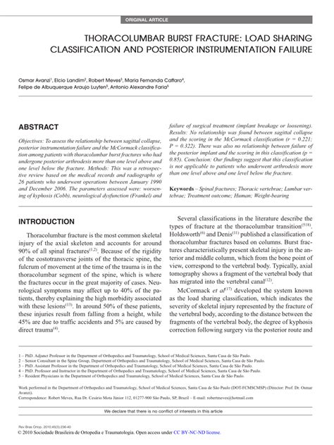 Pdf Thoracolumbar Burst Fracture Load Sharing Classification And