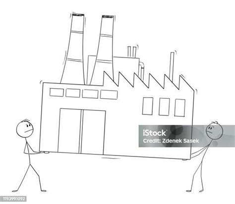 공장을 들고 두 남자 또는 사업가의 벡터 만화 그림 저비용 국가에 제조 부문을 이동 또는 이전의 개념 스틱피겨에 대한 스톡 벡터 아트 및 기타 이미지 Istock