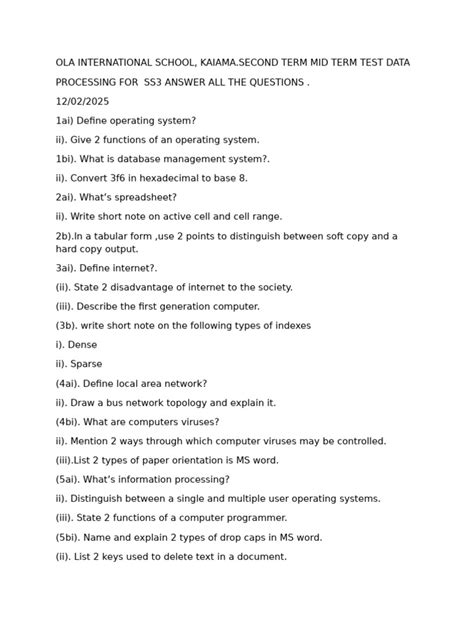 Ss3 Data Processing Mid Term Test Guide Pdf