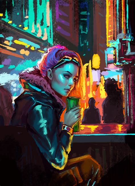 Иллюстрация Девушка в баре в стиле кибер панк комикс персонажи