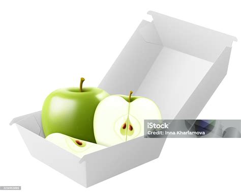 육즙이 많은 녹색 사과와 함께 흰색 음식 상자 햄버거 점심 패스트 푸드 햄버거 샌드위치 포장 흰색 배경에 고립 포장 골판지 상자 모형 현실적인 3d 벡터 일러스트 레이 션