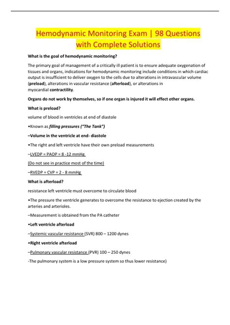 Hemodynamic Monitoring Exam 98 Questions With Complete Solutions Hemodynamic Monitoring Exam 98 Questions With Complete Solutions