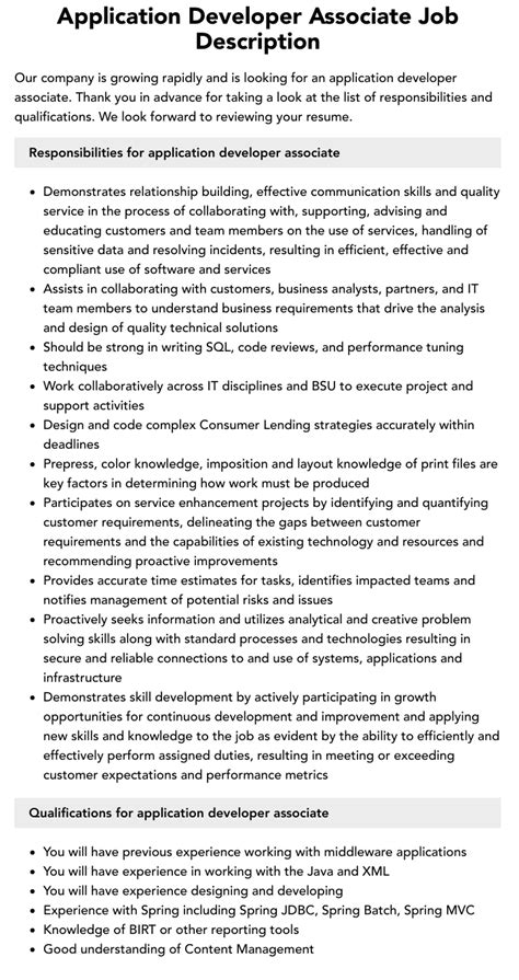 Application Developer Associate Job Description Velvet Jobs