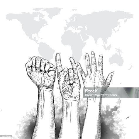 3 주먹 지구 지도 배경에 항의 잉크 스타일 포스터입니다 항의 힘 자유 혁명 반란 군 반란 개념 벡터입니다 Revolution에 대한 스톡 벡터 아트 및 기타 이미지