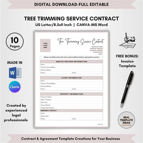 Tree Trimming Service Contract Template 10 Pages DIY Editable Tree Trimming Agreement Tree