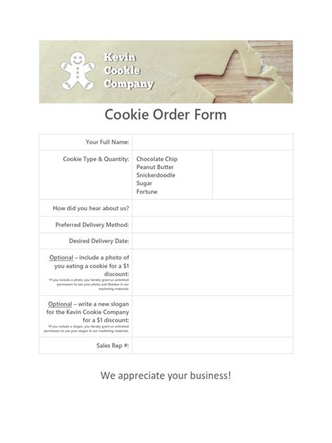 Kevin Cookie Company Order Form Blank Pdf