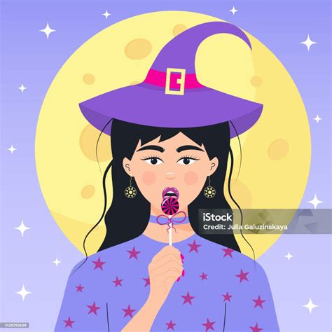 롤리팝과 함께 할로윈 모자를 쓴 마녀 소녀 달 맞은 편에있는 아름다운 할로윈 여성 캐릭터 마법의 젊은 여성 초상화 10월에 대한 스톡 벡터 아트 및 기타 이미지 Istock