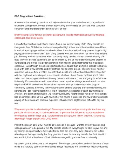 Eop Biographical Questions Pdf Sibling Motivation