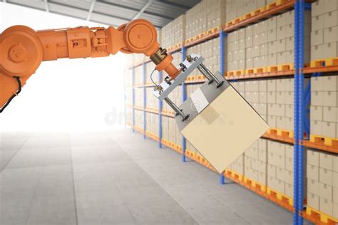 Automation Factory Or Cargo With 3d Rendering Robotic Arm Carry Cardboard Box Stock Illustration