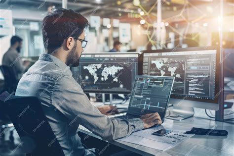 Programmer Working On His Laptop At A Desk With Multiple Monitors Showing Code Premium Ai