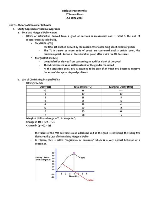 Microeconomics Finals Review Consumer Theory Pdf Utility Marginal Utility