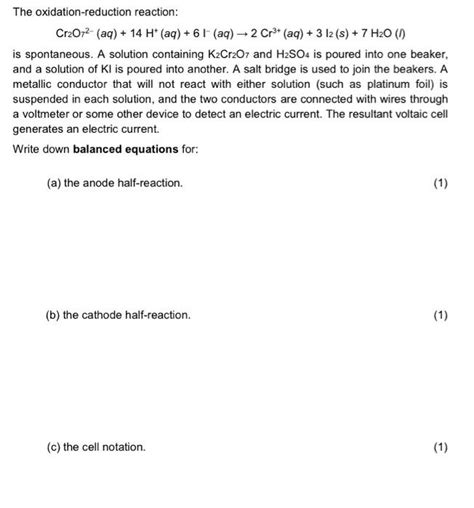 Solved The Oxidation Reduction Reaction Cr2o72 Aq 14