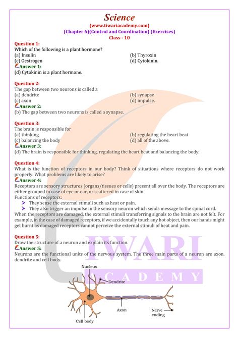 NCERT Solution For Class 10 Science Chapter 6 Control And Coordination