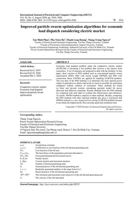 Improved Particle Swarm Optimization Algorithms For Economic Load Dispatch Considering Electric