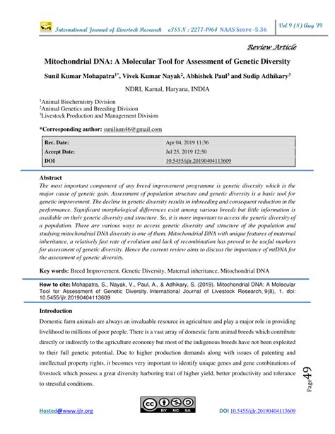 Pdf Mitochondrial Dna A Molecular Tool For Assessment Of Genetic