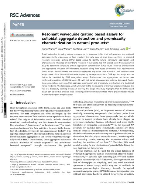 Pdf Resonant Waveguide Grating Based Assays For Colloidal Aggregate Detection And Promiscuity