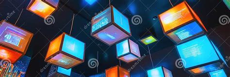 Floating Cubes Display Abstract Text And Symbols In A Modern Indoor Space Filled With Vibrant
