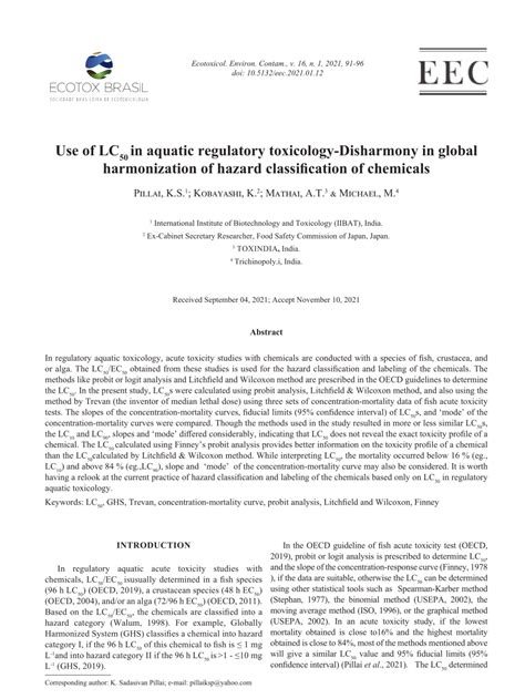 Pdf Use Of Lc50 In Aquatic Regulatory Toxicology Disharmony In Global