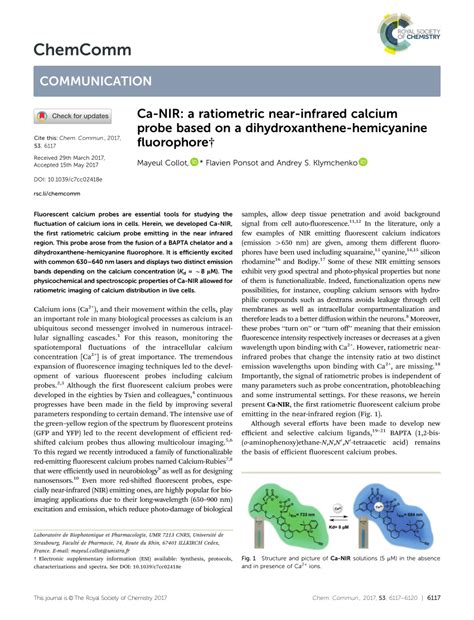 Pdf Ca Nir A Ratiometric Near Infrared Calcium Probe Based On
