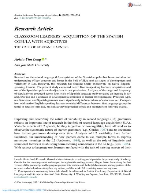 Long A Y 2022 Classroom Learners Acquisition Of The Spanish Copula With Adjectives Pdf