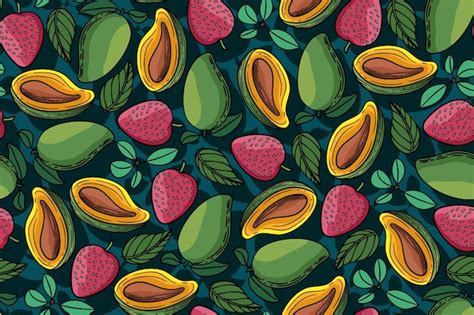 Premium Vector Seamless Pattern Mango And Strawberry Vector Drawing