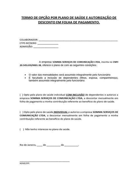 Termo De Opção Por Plano De Saúde E Autorização De Desconto Em Folha De