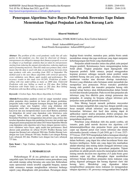 Pdf Penerapan Algoritma Naïve Bayes Pada Produk Brownies Tape Dalam Menentukan Tingkat