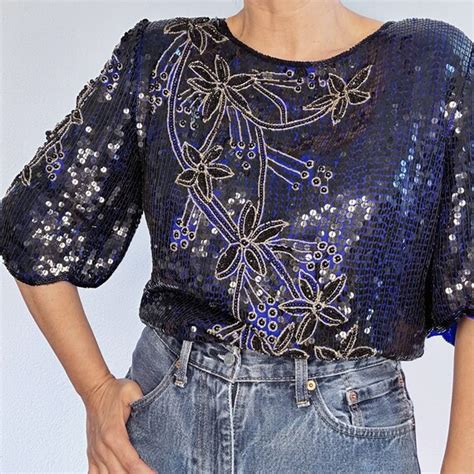 Vintage Scala Pure Silk And Sequin And Beaded Blouse Gem