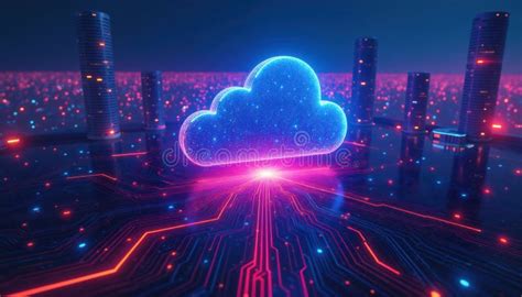 Glowing Digital Cloud On Circuit Board With Futuristic City Backdrop Showcasing Modern