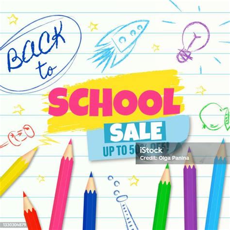 배너 포스터 학교로 돌아가기 낙서 연필로 돌아가는 텍스트가 있는 그림 노트북 시트에 도면 할인 50 0명에 대한 스톡 벡터 아트
