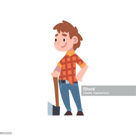귀여운 소년 옷을 입고 Lumberjack 아이 미래 직업 체크 무늬 셔츠와 청바지에 소년 도끼 벡터 일러스트와 서 벌목꾼에 대한 스톡 벡터 아트 및 기타 이미지 Istock