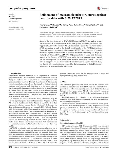 Pdf Refinement Of Macromolecular Structures Against Neutron Data With Shelxl2013