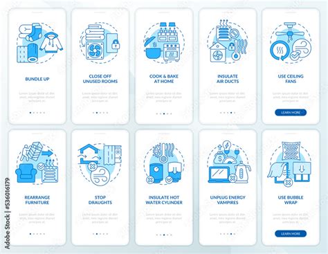 lowering heat energy using blue onboarding mobile app screen set