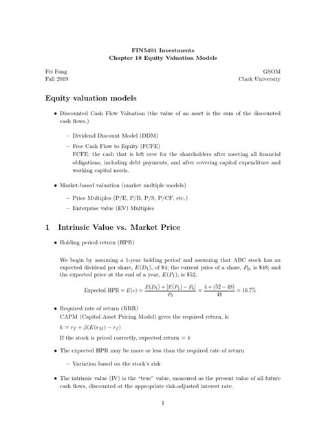 Chapter 18 Equity Valuation Models Lecture Notes Pdf Pdf Valuation Finance Price