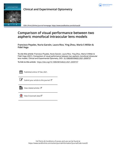 Pdf Comparison Of Visual Performance Between Two Aspheric Monofocal Intraocular Lens Models