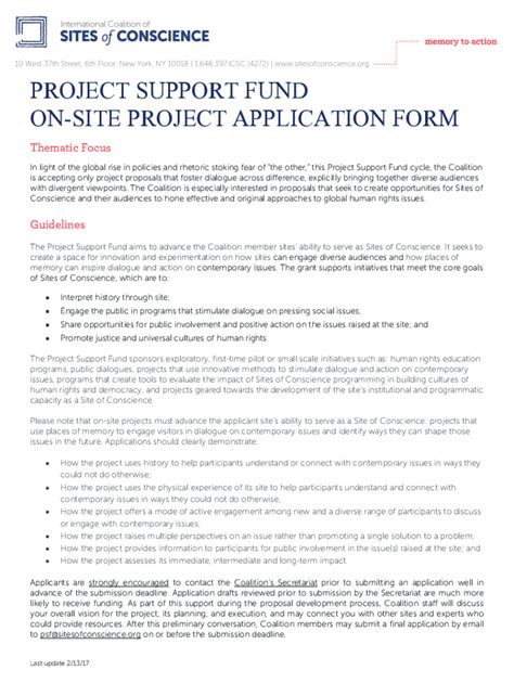 Fillable Online Project Support Fund On Site Project Application Form