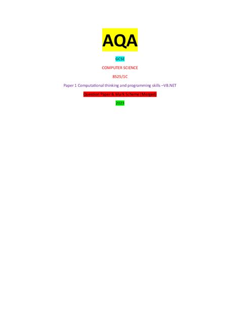 Aqa 2023 Gcse Computer Science 8525 Paper 1 2 Question Papers And Mark