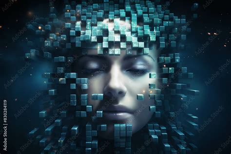 Womans Face With 3d Cubes And Particles In Space As Symbol Of Augmented Reality And Computer