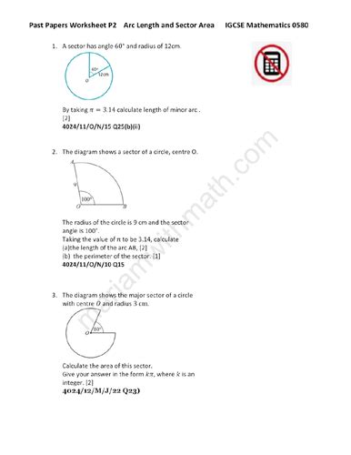Length Of Arc And Area Of Sector Igcse Mathematics 0580 Past Papers