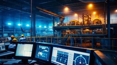 Industrial Factory With Engineers And Control Room Displaying Data