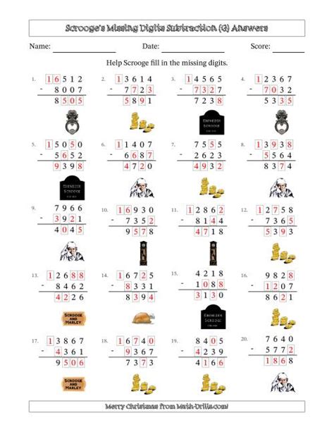 Ebenezer Scrooges Missing Digits Subtraction Harder Version G