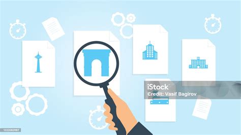 건물 병원 파일 문서 연구 벡터 일러스트 검색 아이콘으로 문서작성합니다 파일 및 돋보기 분석 연구 기호입니다 벡터 일러스트레이션 병원에 대한 스톡 벡터 아트 및 기타 이미지