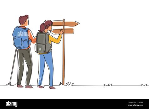 Continuous One Line Drawing Direction Pointer Hikers Couple Man And