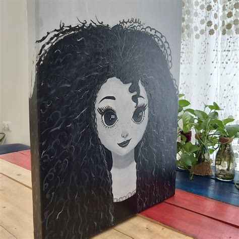 خرید و قیمت تابلو روی بوم نقاشی اکریلیک دختر مو فرفری طراحی شده با دست