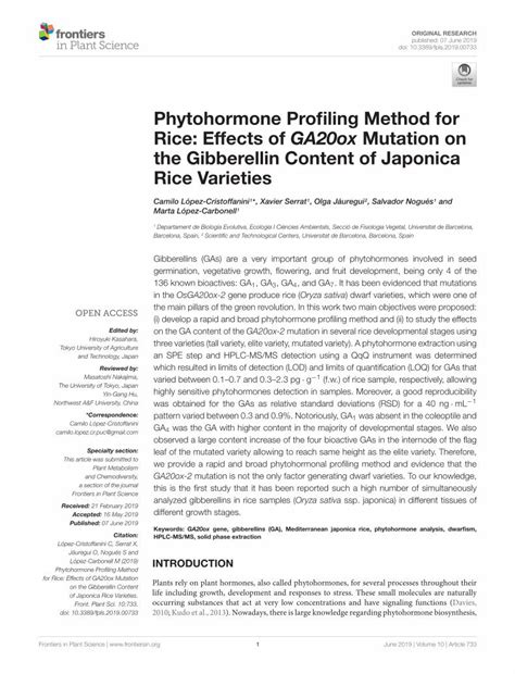 Pdf Phytohormone Profiling Method For Rice Effects Of Ga20ox