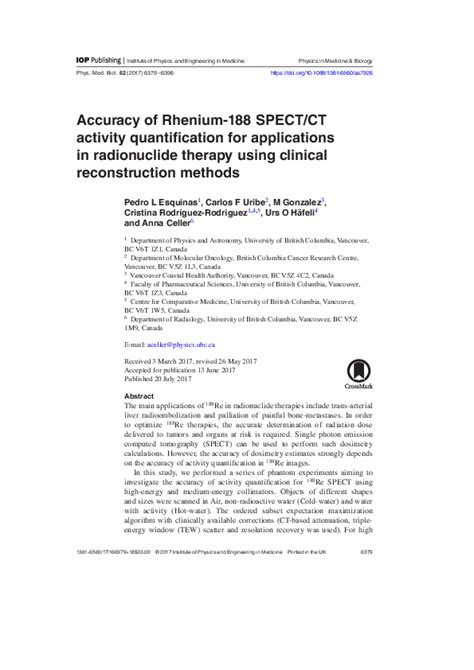 Pdf Accuracy Of Rhenium 188 Spectct Activity Quantification For