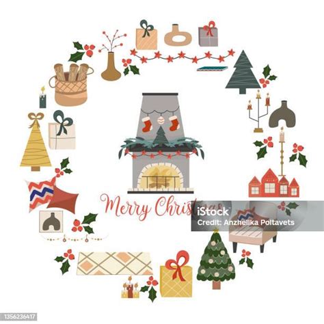 흰색 배경에 고립 된 크리스마스 원형 디자인은 중앙에 텍스트 메리 크리스마스벽난로입니다 벽난로 나무와 화환 엽서 또는 휴일 장식에 대한 벡터 일러스트레이션 0명에 대한 스톡