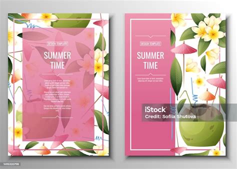 해변 코코넛 칵테일과 프랜지파니 꽃이 있는 전단지 템플릿 세트 열대 휴가 여름 방학 배너 비치 음료가 담긴 포스터 A4 사이즈
